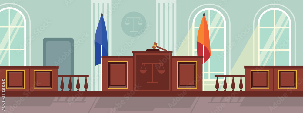 Vector illustration of modern interior law court. Cartoon interior with ...