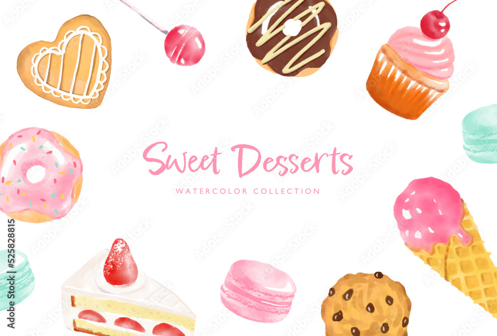 vector background with a set of sweet desserts in watercolor for ...
