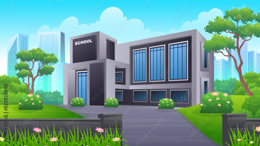 Modern school building with beautiful nature landscape, Back To ...