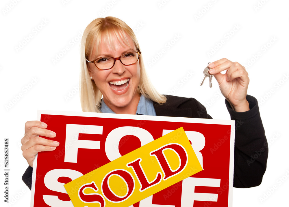 Transparent PNG of Attractive Blonde Holding Keys & Sold For Sale Sign ...