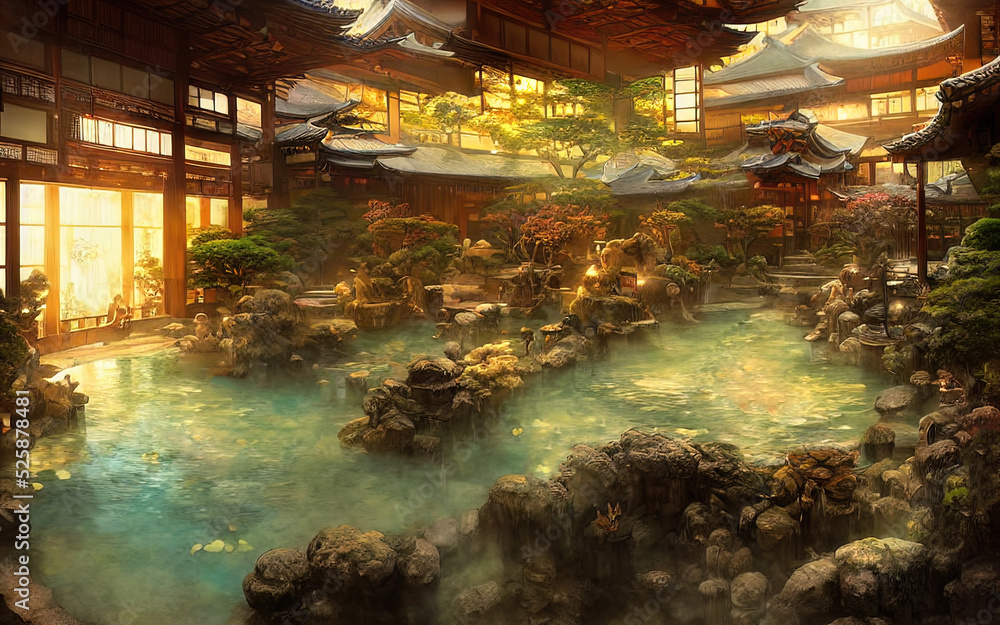 Fantasy Japanese landscape spa. Japanese hot springs, ancient ...