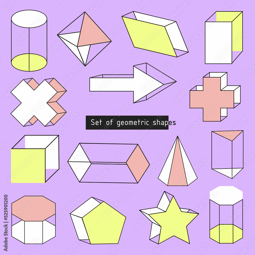 Set of geometric shapes: cone, triangular prism, star, arrow ...