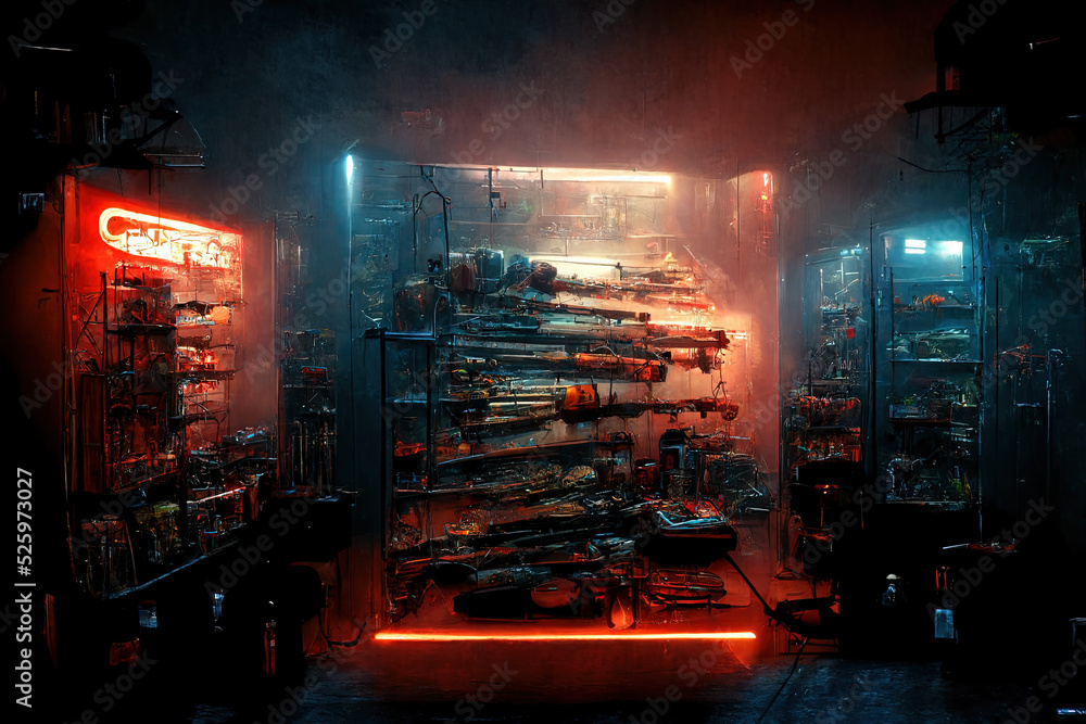 Cyberpunk Gun Shop. Fantasy Arsenal Weapon Depot. Concept Art ...