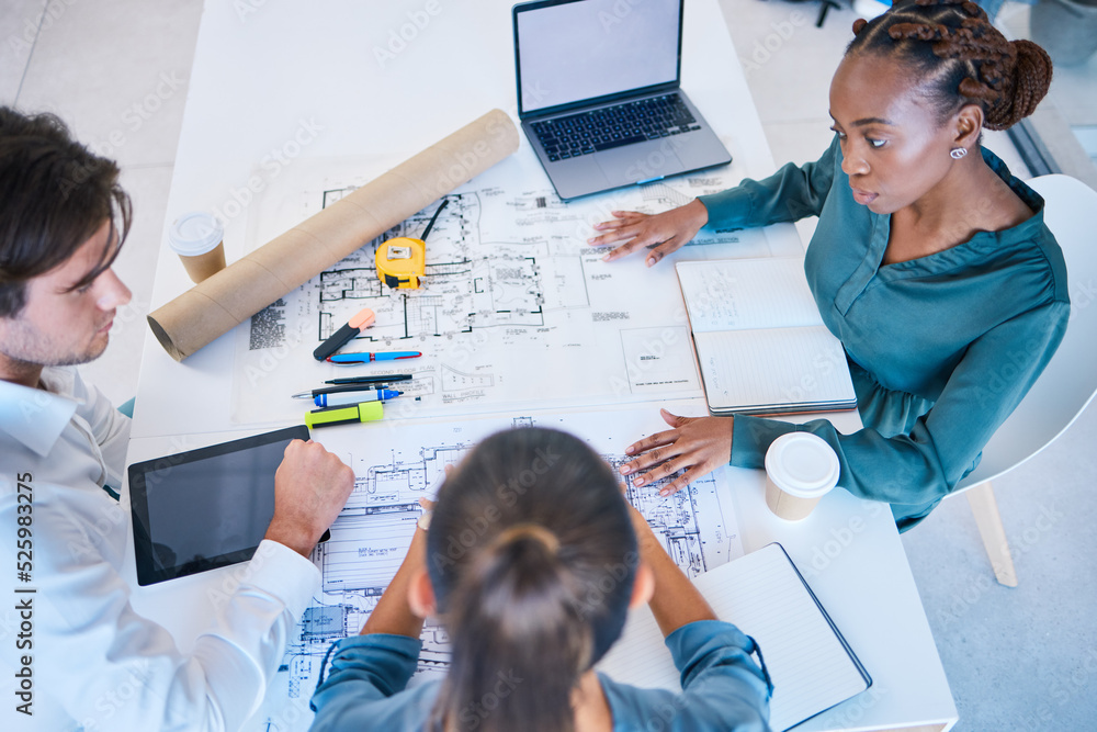 Architect blueprints, engineers and designers analyzing drawing, draft ...