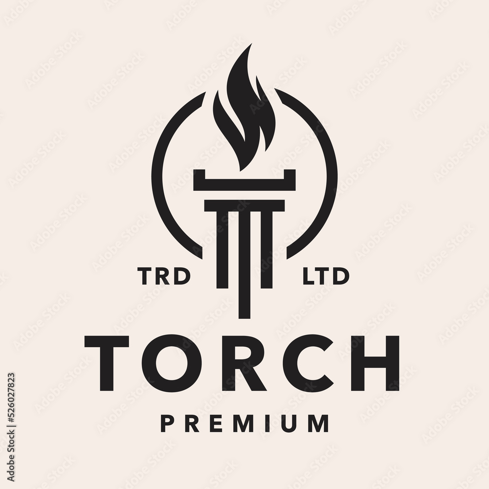 Law torch logo. Column and flame icon. Greek pillar and fire emblem ...