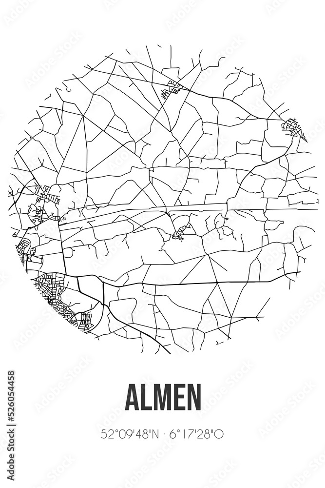 Abstract street map of Almen located in Gelderland municipality of ...