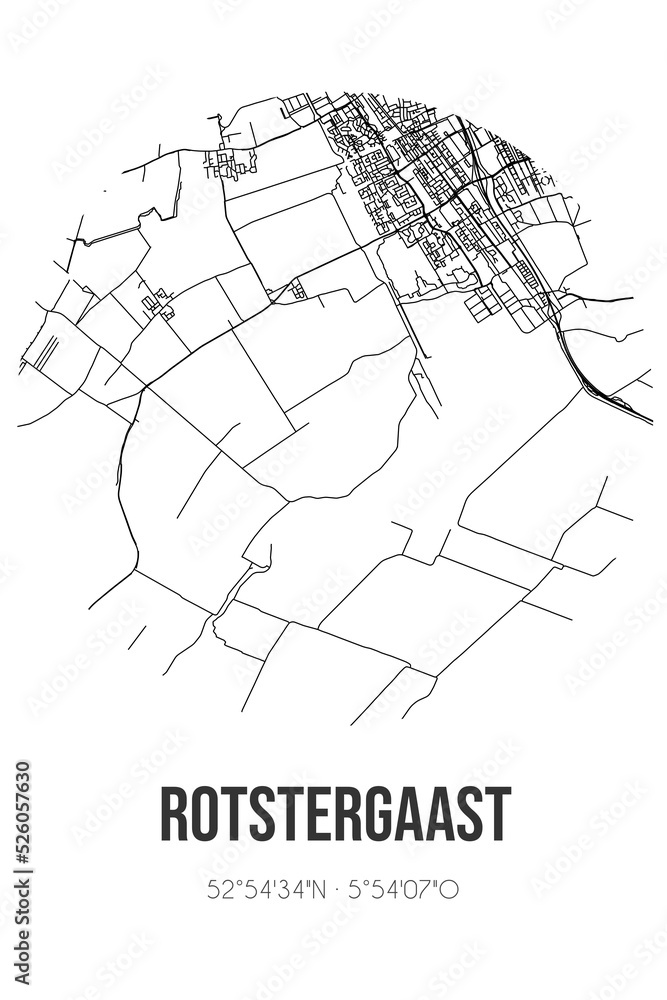 Abstract street map of Rotstergaast located in Fryslan municipality of De Fryske Marren. City ...