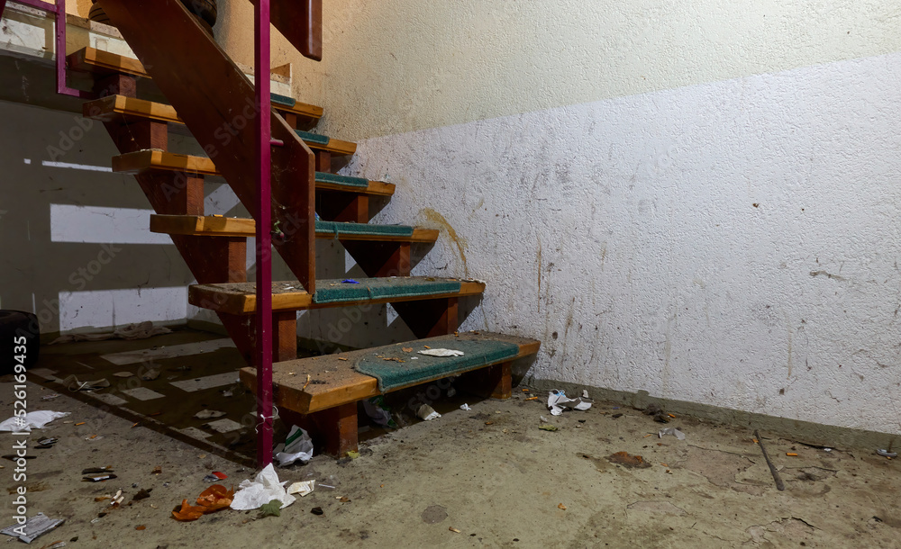 Steps with a lot of garbage. Extremely dirty staircase in the basement ...