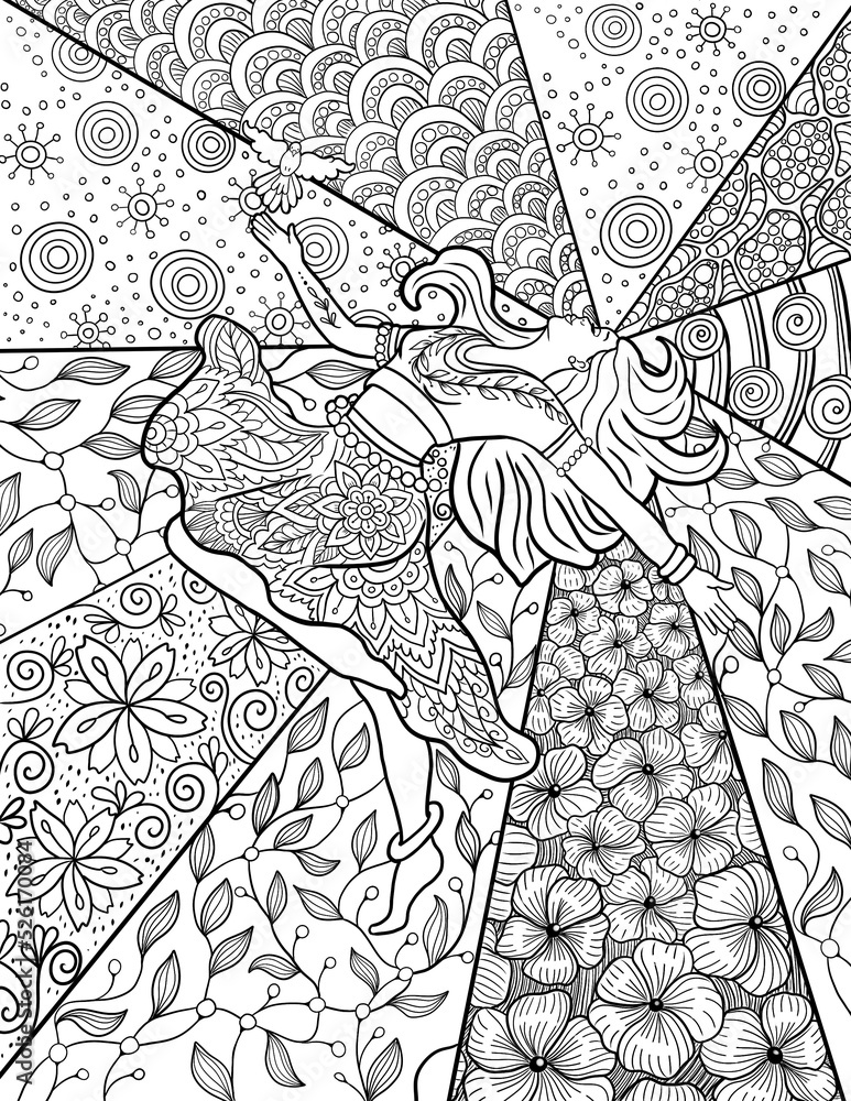 Dancing woman adult coloring book page in zentangle style Stock ...
