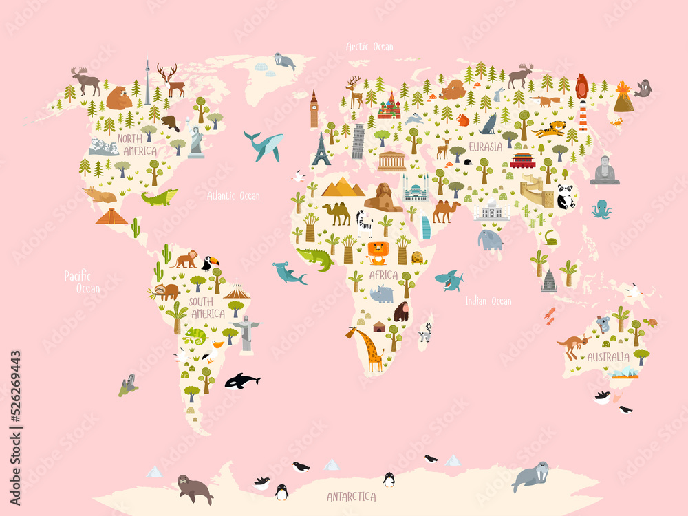 World map with animals and architectural landmarks for kids. Eurasia ...