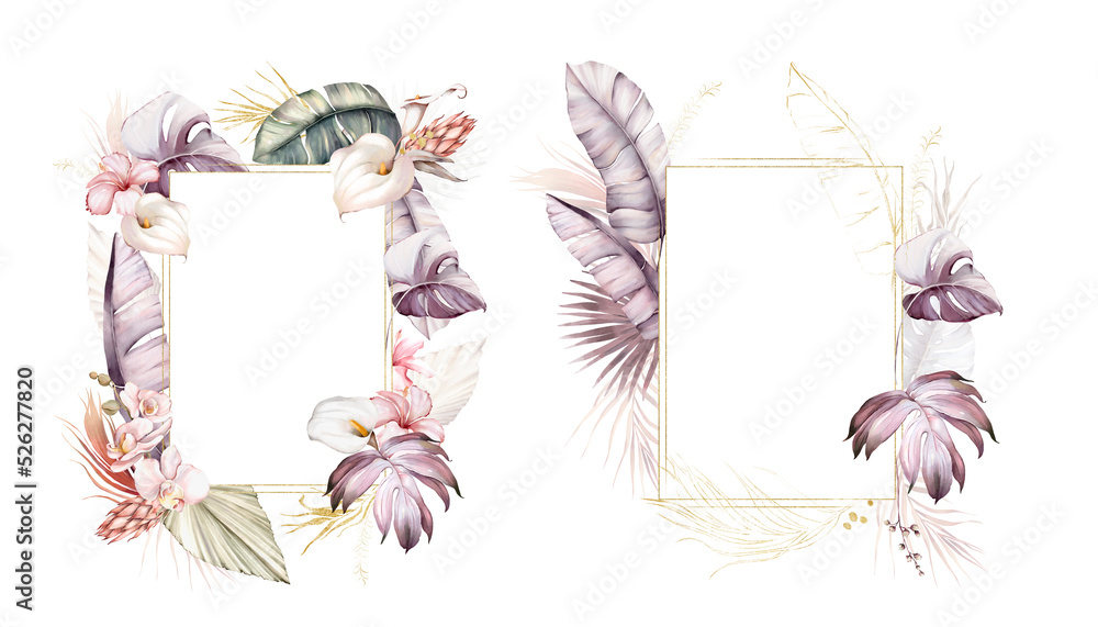Watercolor tropical frames set, invitation design for wedding or ...