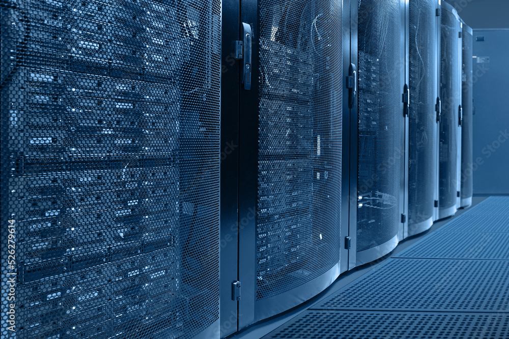 Working data center. Centers data center with multiple rows. Data center in server room with ...