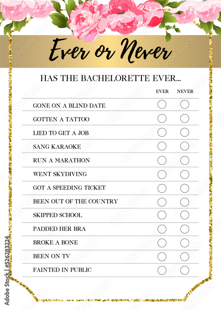 Ever or Never Game, Bachelorette Party Game, Fun Hen Party Game, Bridal ...