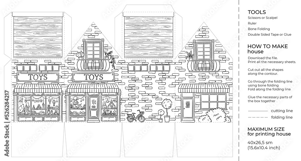 Kids craft paper house coloring page. Cut and glue cartoon 3D toy doll ...