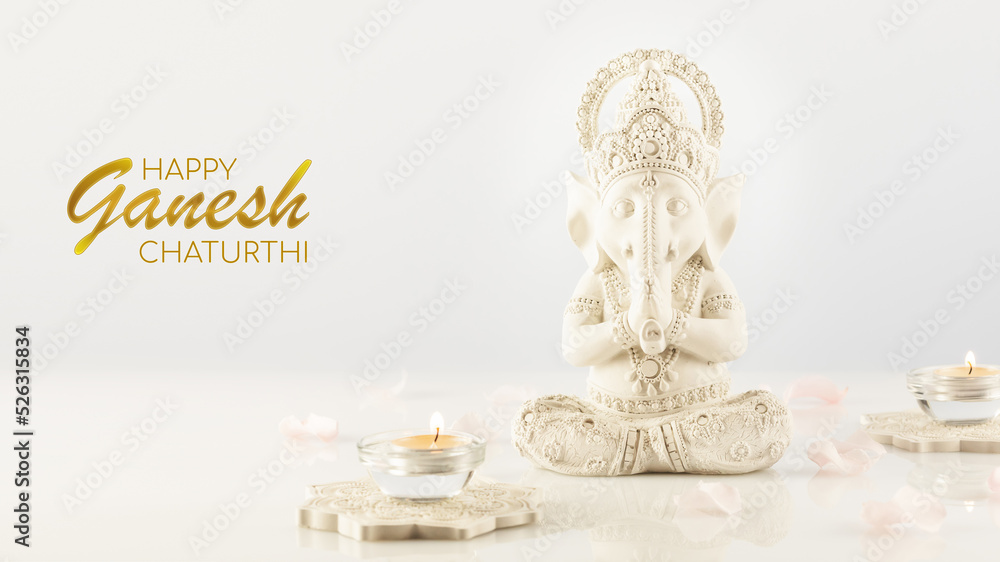 Holiday of Ganesh Chaturthi. Greeting card with Sculpture of ganesha, rose petals and candles on ...