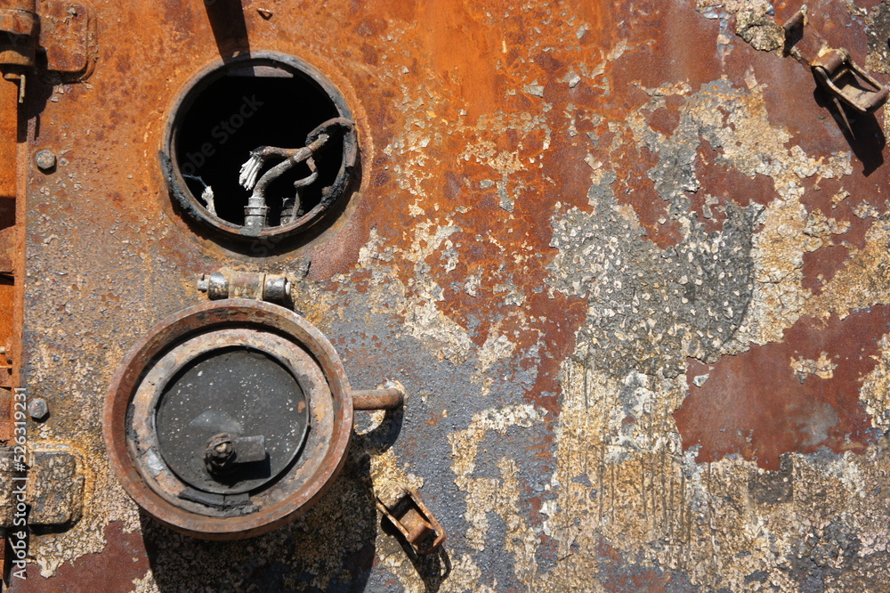 Close-up of details of old destroyed military equipment. Destroyed ...