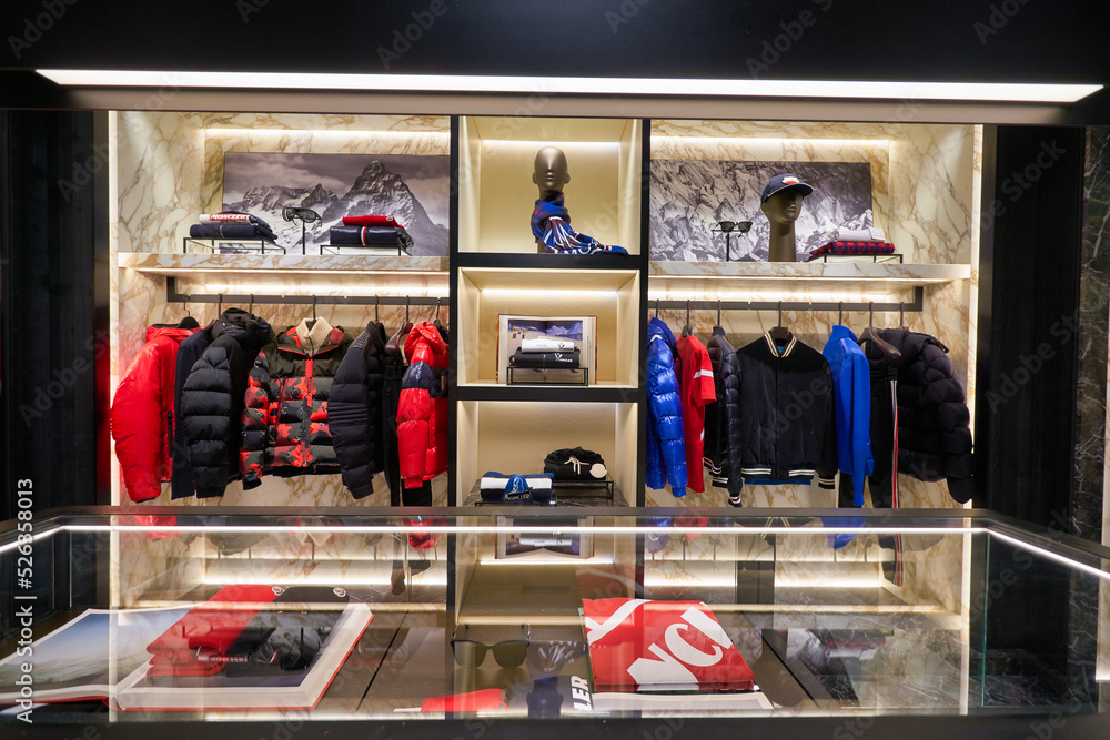 SINGAPORE - JANUARY 21, 2020: clothes on display at Moncler store in ...
