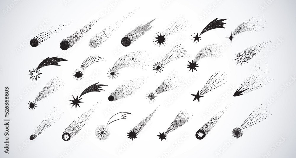 Collection of doodle comets, meteorites and shooting stars on white ...