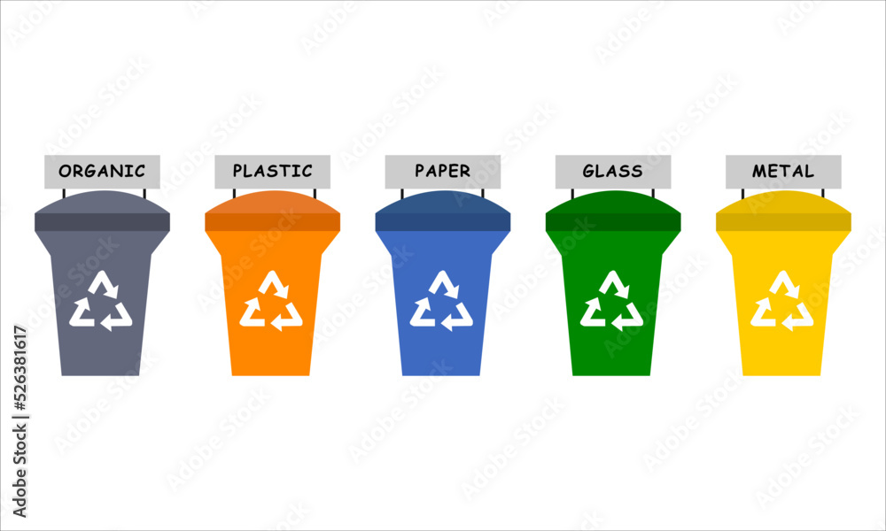 Waste segregation. Sorting garbage by material and type in colored ...