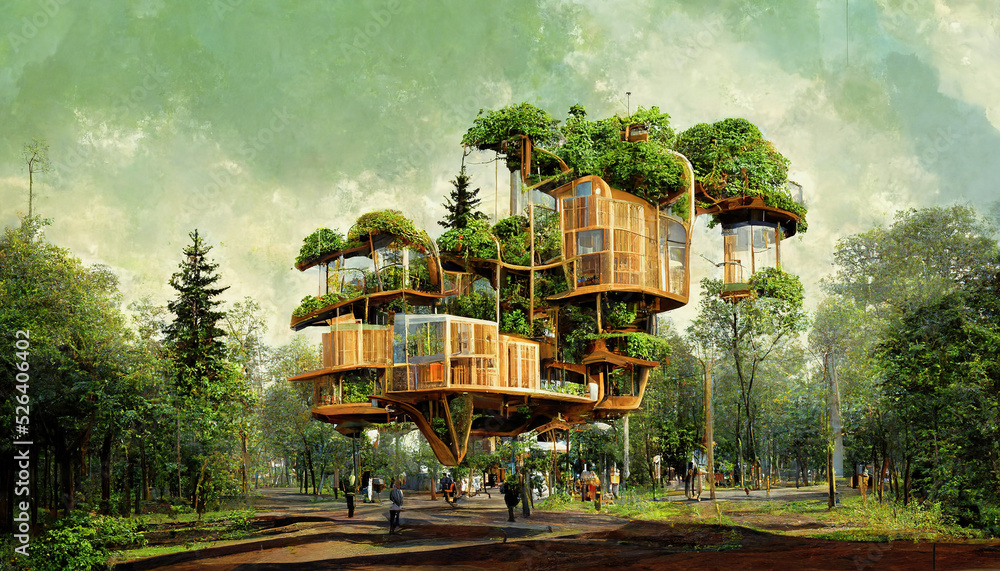 Ilustración de Stock Spectacular image of a sustainable tree house ...