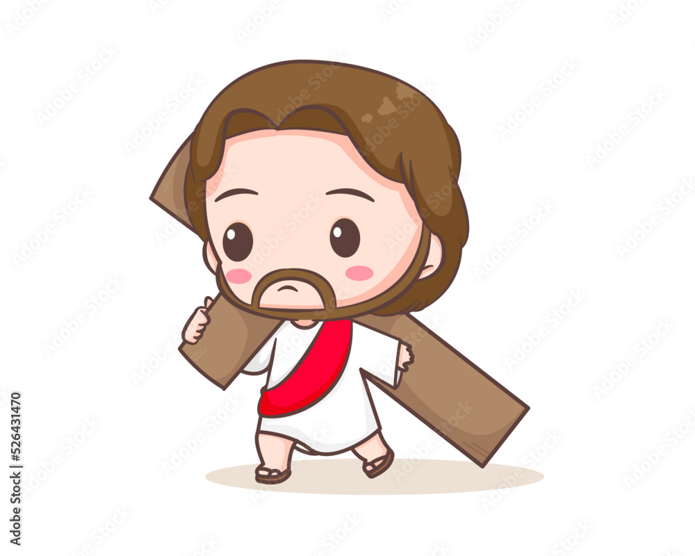 Jesus Christ carrying cross cartoon character. Cute mascot illustration ...