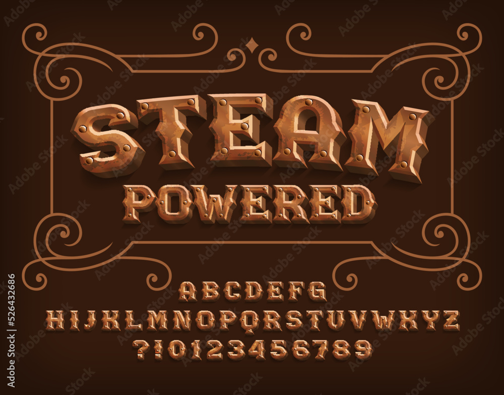 Steam powered alphabet font. Steampunk rivet 3d letters and numbers ...