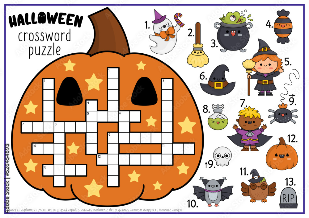 Vettoriale stock di Vector Halloween pumpkin shaped crossword puzzle ...