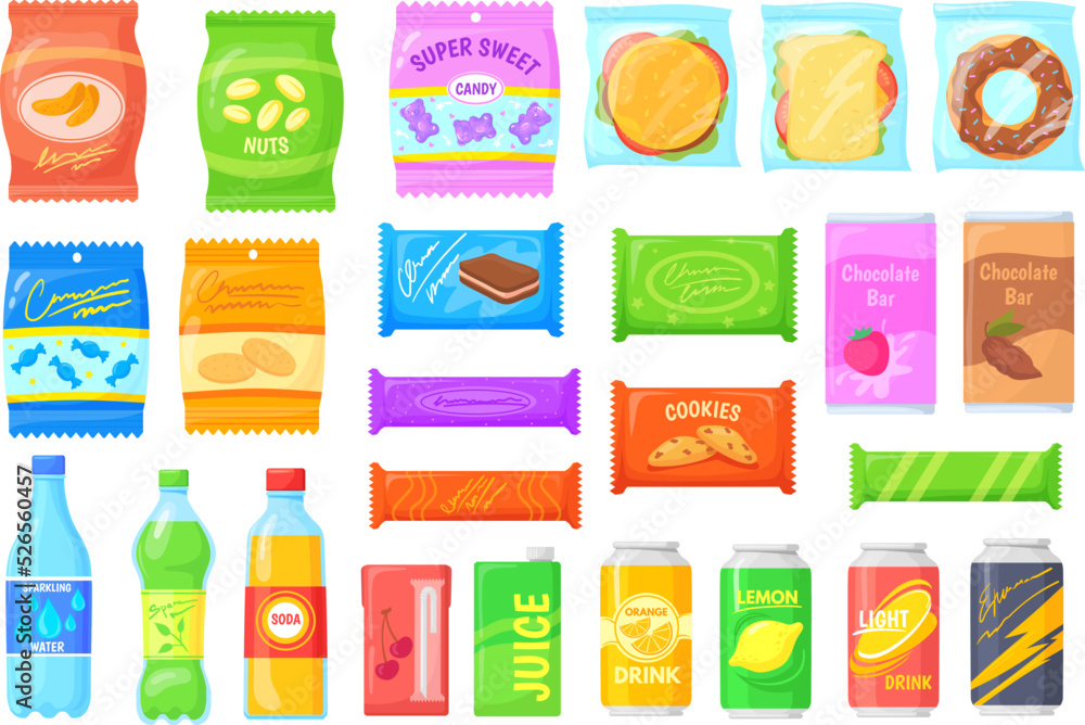 Vending products. Sandwich chips snacks packets, candy snack in wrapper ...