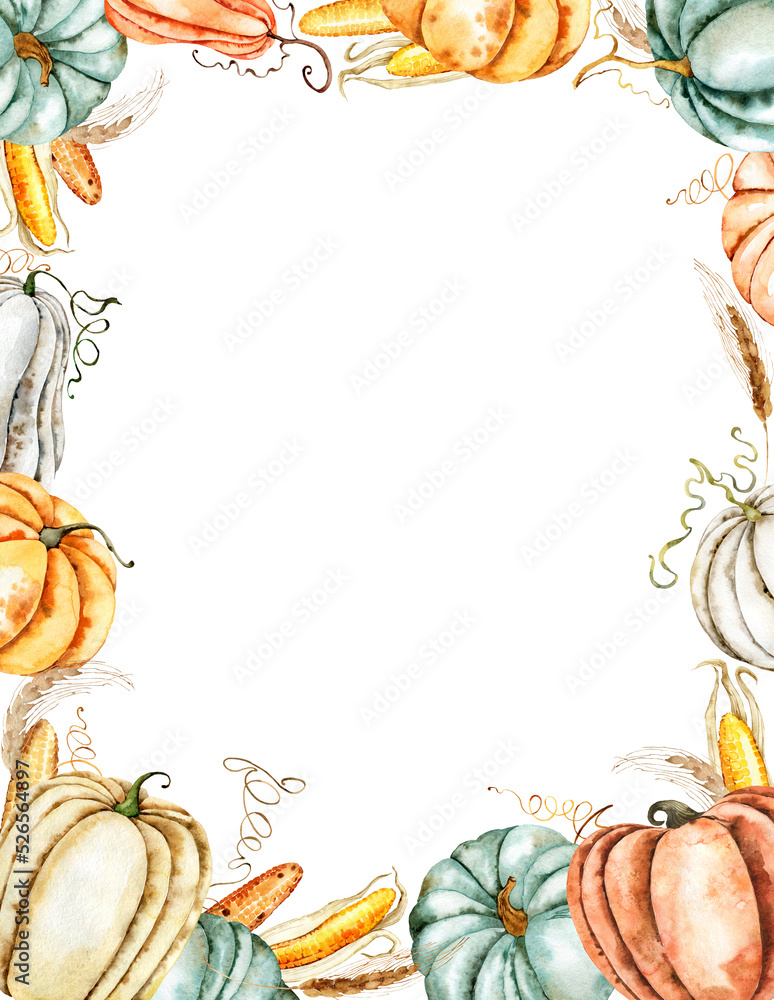 Pumpkin, corn and wheat ears harvest frame. Boho thanksgiving beige ...