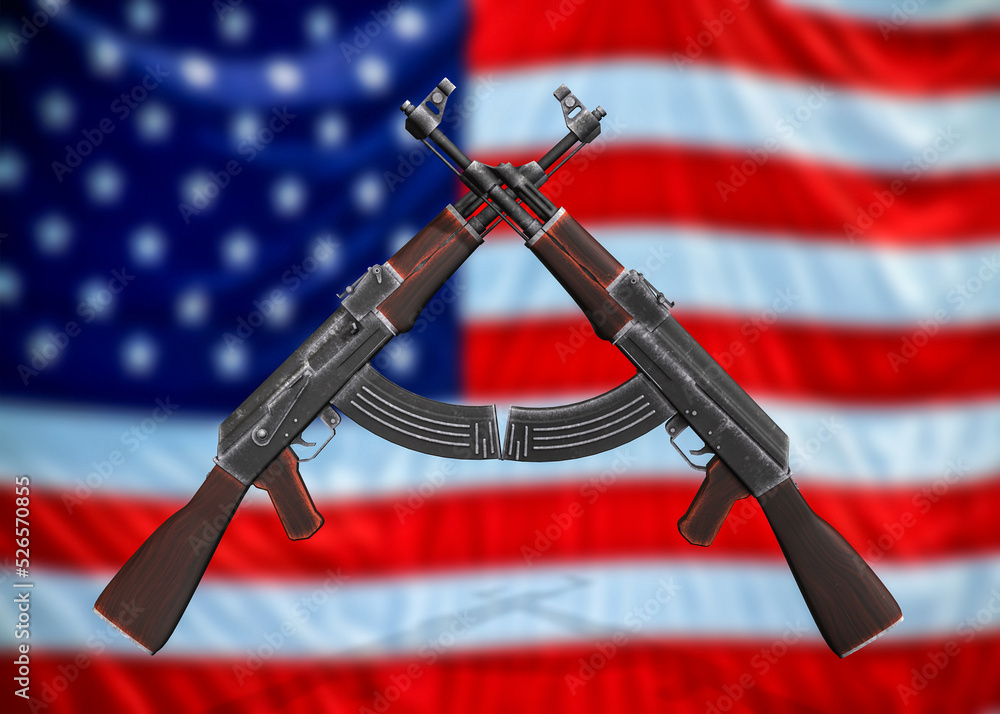Two Automatic assault rifles barrels crossed. American flag background ...