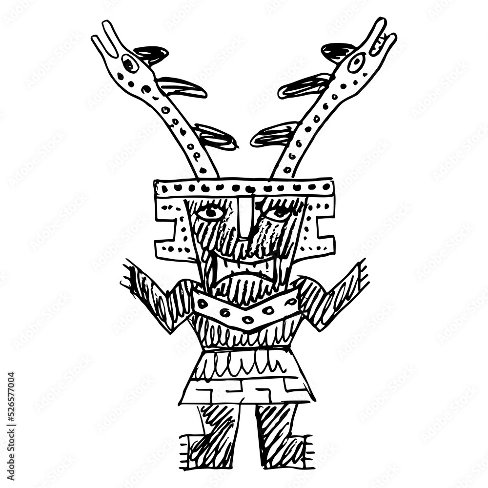 Fantastic character. Horned man with snake antlers. Native American art ...