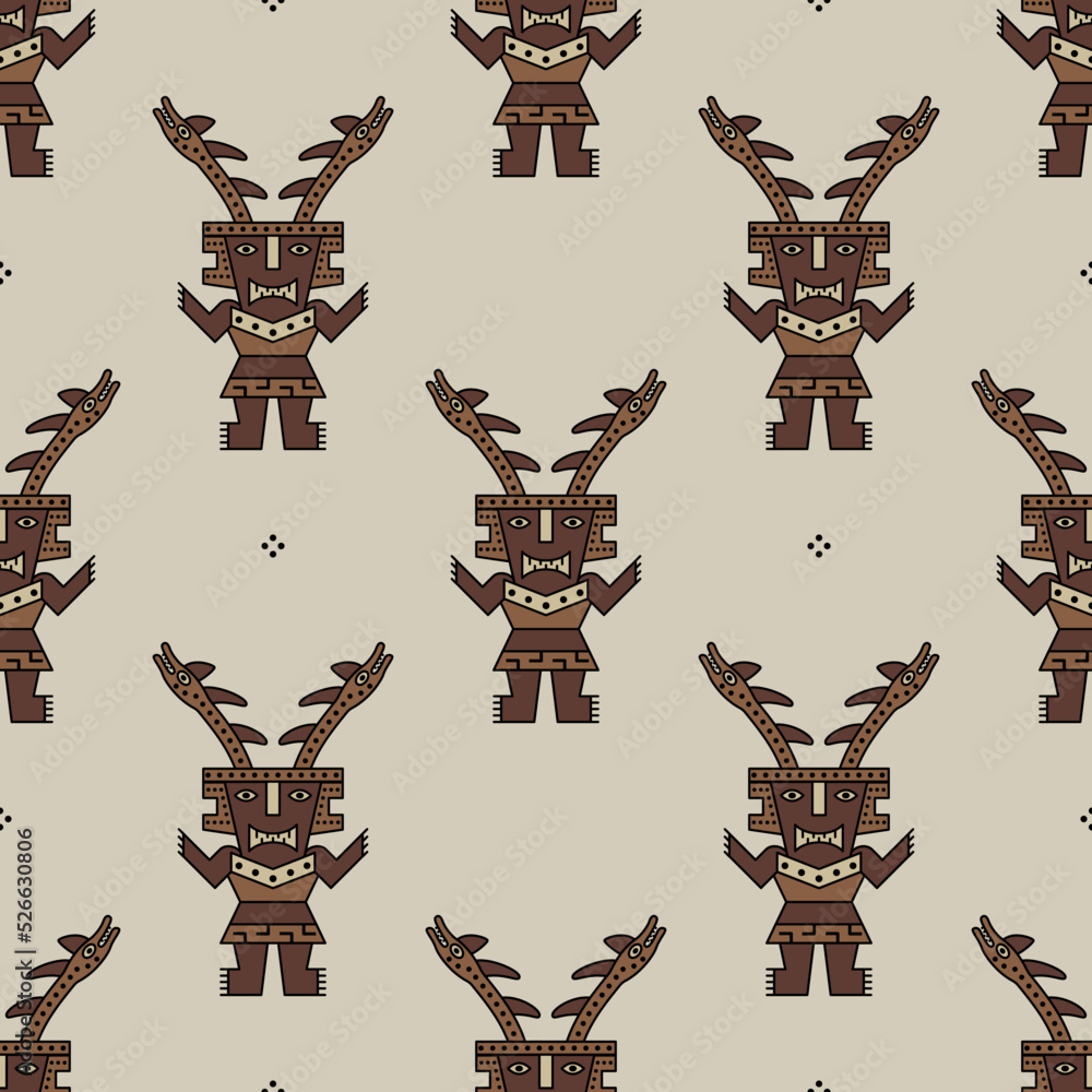 Seamless ethnic pattern with fantastic characters. Horned man with ...