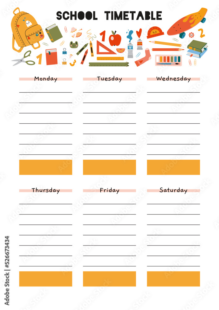 Cute school timetable for 6 days. Template with school stationery and ...