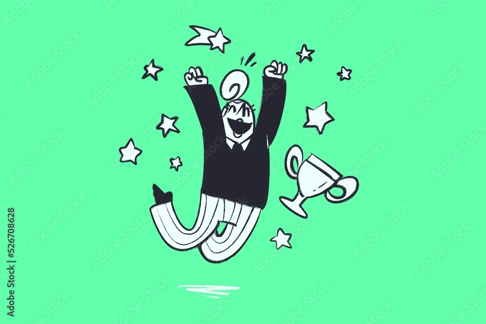 Illustration of a woman jumping for reaching success, stars, cup ...