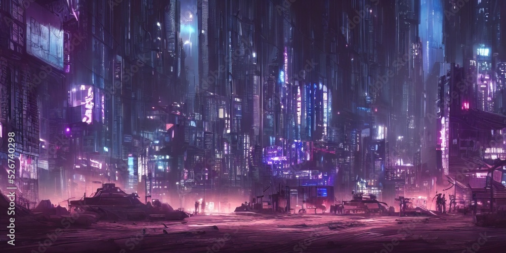 Dystopian futuristic cyberpunk city at night in a neon haze. Blue and ...