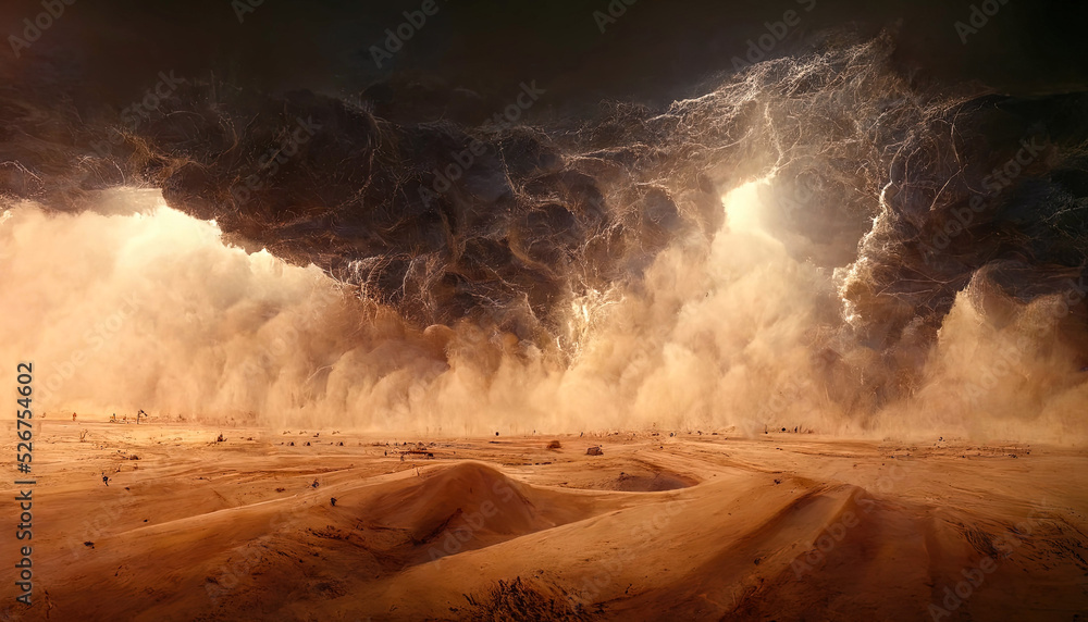 Desert landscape, sandstorm, sand morch, dramatic cloudy sky, unreal ...