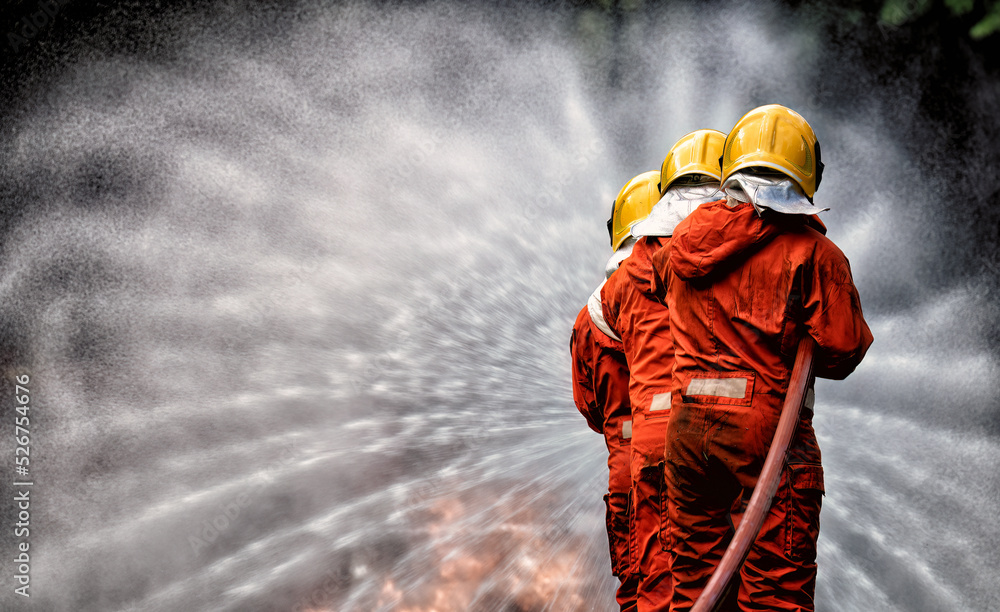 In Industry safety fire fighter team department on training fight with ...