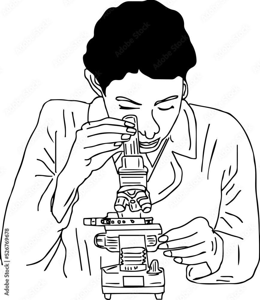 Vector drawing of Female lab technician analyzing on microscope, female ...