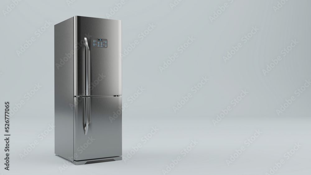 Modern stainless Fridge Refrigerator freezer on a gray background ...