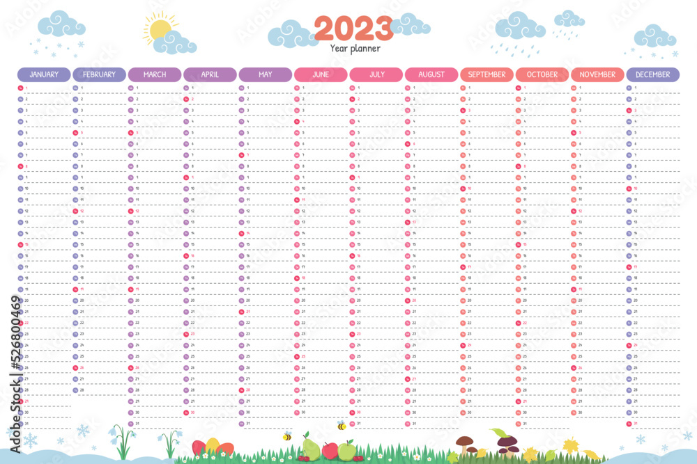 2023 year calendar. Planner template with vertical columns. Vector kid ...