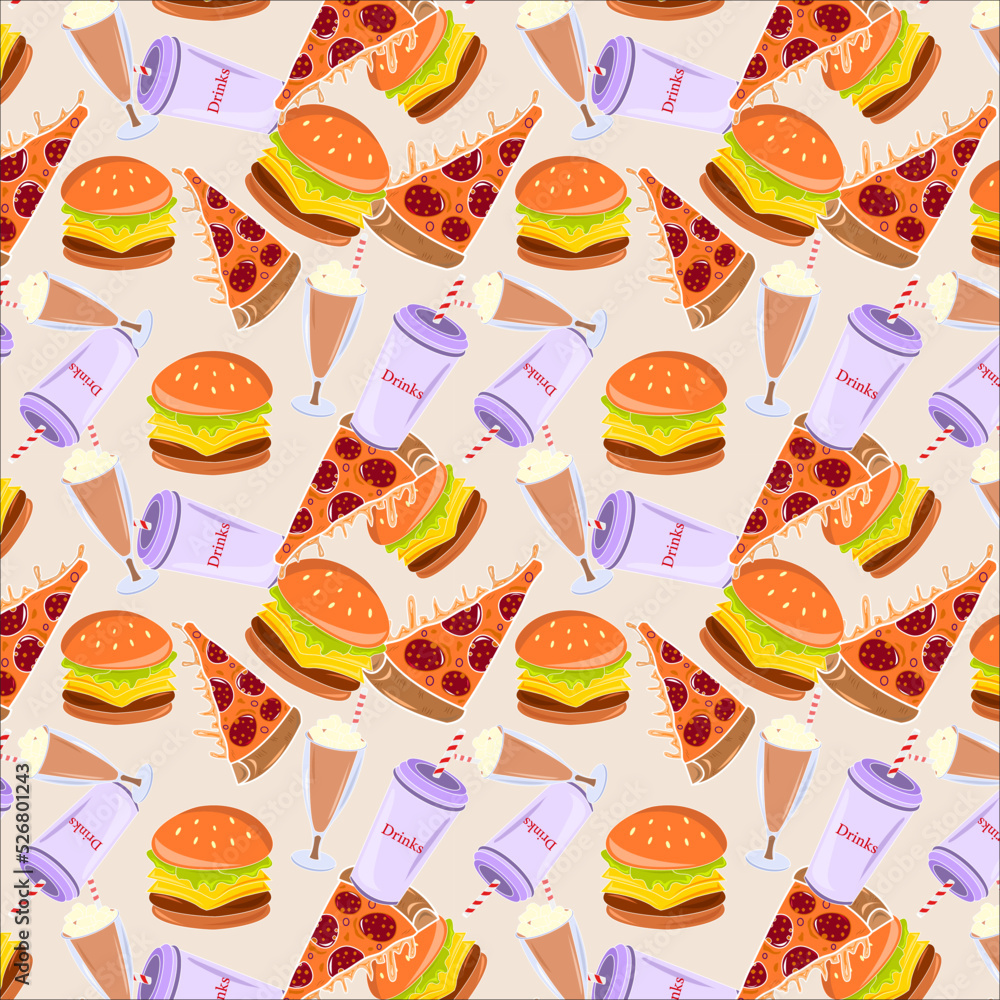 Seamless pattern of fast food or junk food , cheese burger, salami ...
