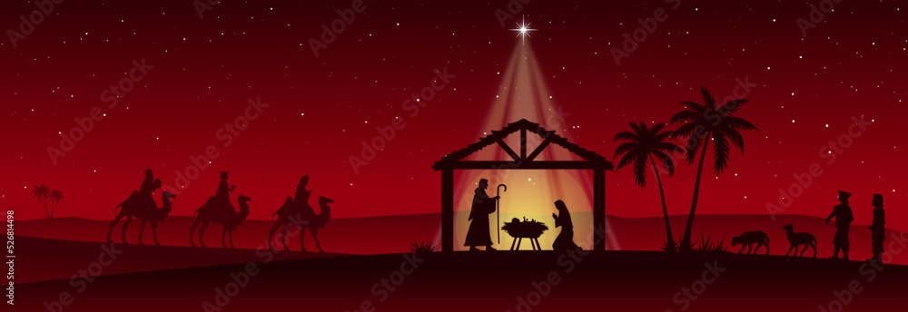 Red Christmas Nativity scene banner background. Vector illustration ...