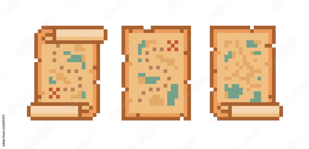 Ancient Treasure Map set on Parchment Scroll. Pixel art path Map icon ...