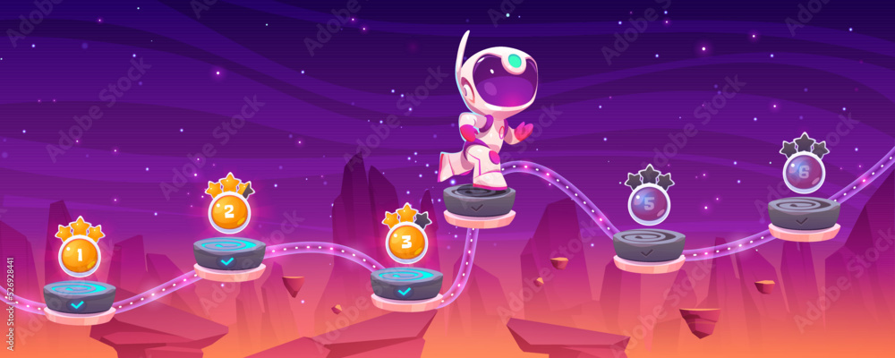 Level map for cosmic game with little astronaut run on flying platforms with numbers of stages ...