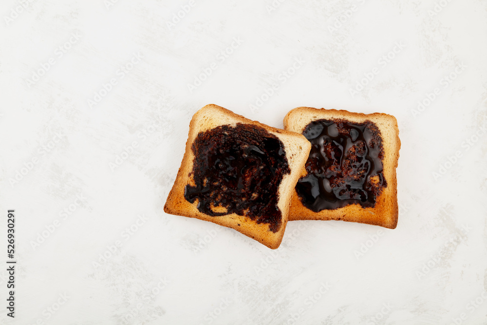 Two Hot toasts for breakfast, top view. Roasted Aussie savory toasts ...