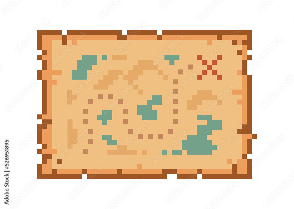 Ancient Treasure Map on Parchment. Pixel art path Map icon. 8-bit retro ...