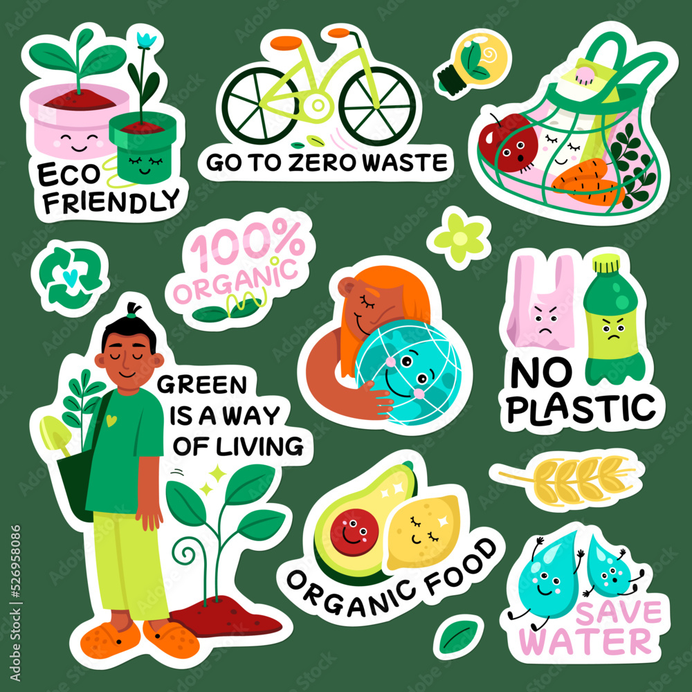 Eco friendly stickers set vector illustration. Cartoon isolated organic ...