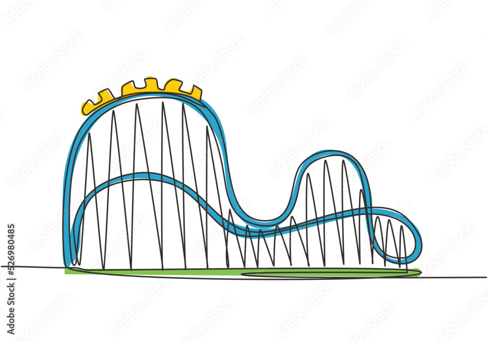 Single continuous line drawing of a roller coaster in an amusement park ...