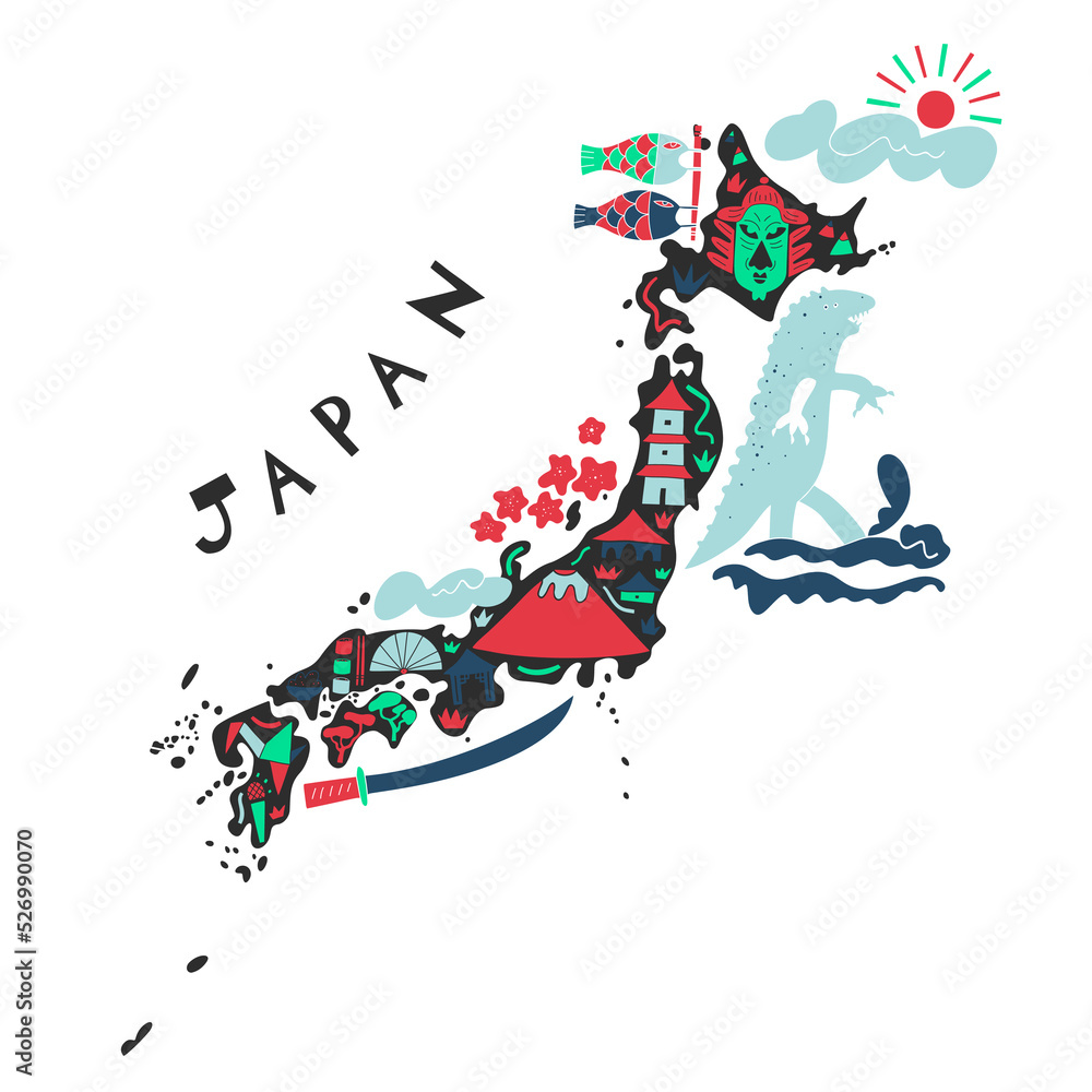 Vector hand drawn stylized map of Japan landmarks. East map element ...