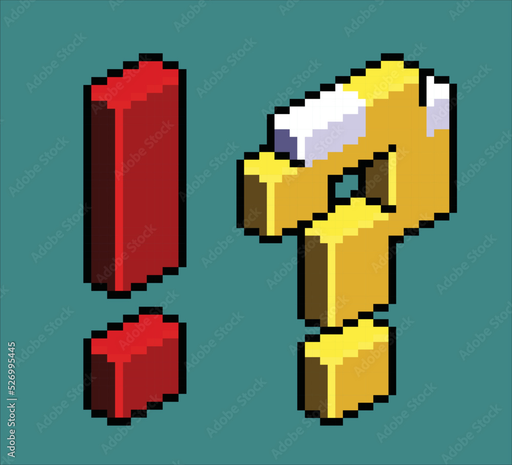 Vector red exclamation and question marks isometric pixel art. Old ...